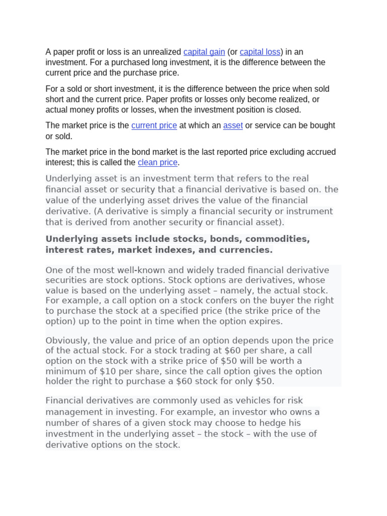 A Paper Profit or Loss Is An Unrealized | PDF