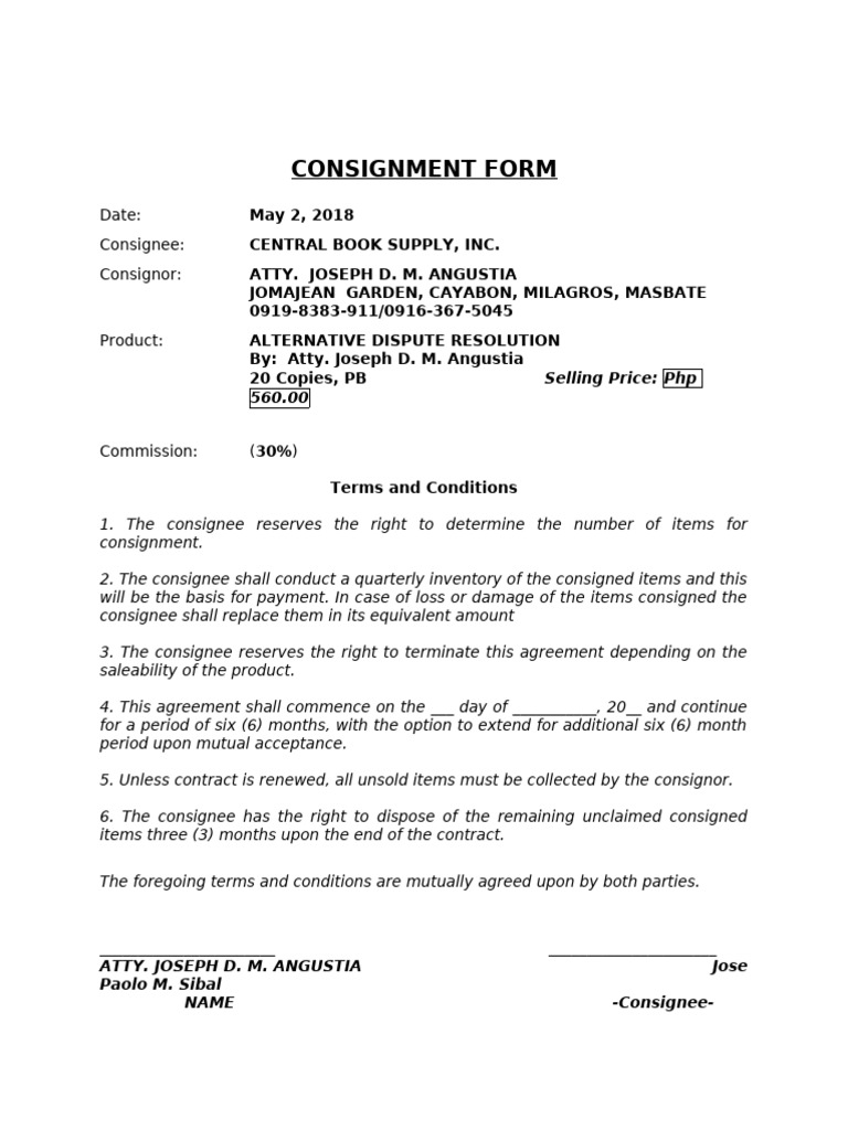 CONSIGNMENT FORM Blank | PDF