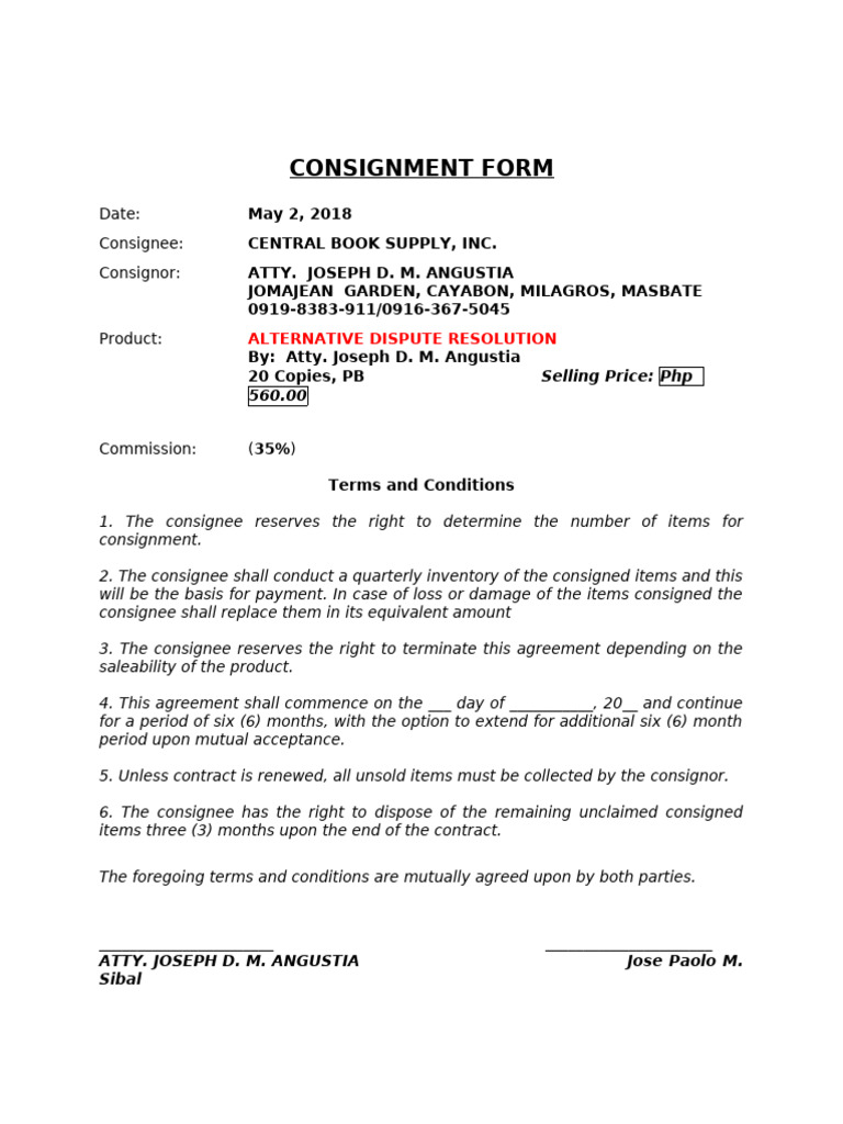 Consignment Form Adr | PDF