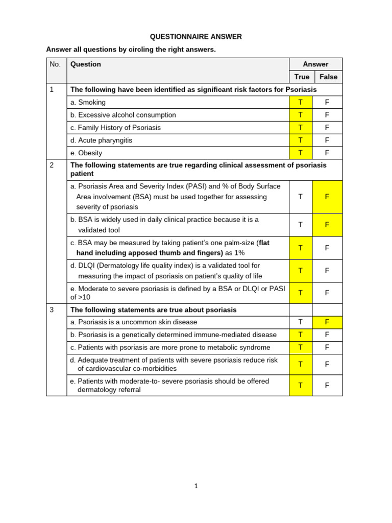 TEST QUESTIONNAIRE Answer | PDF