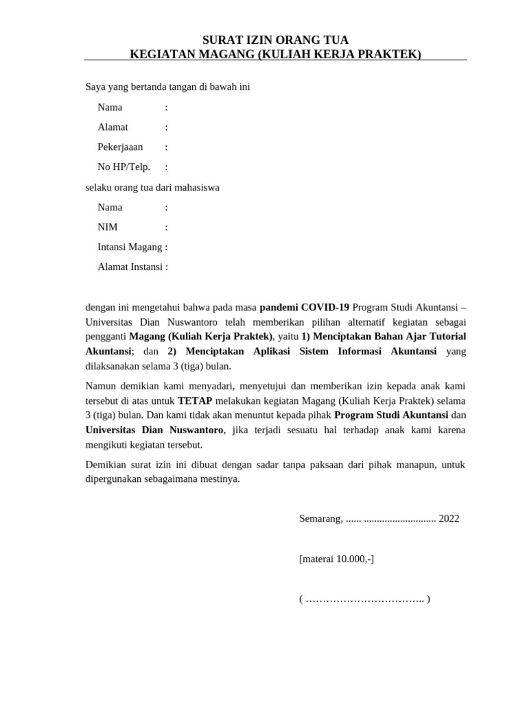 Form Surat Ijin Orang Tua 2022 | PDF