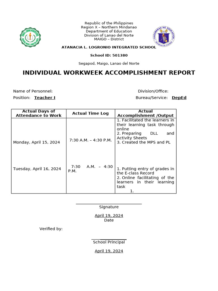 Individual Work Week Accomplishment Report | PDF