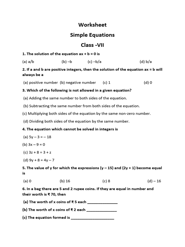 Worksheet - Simple Equations | PDF