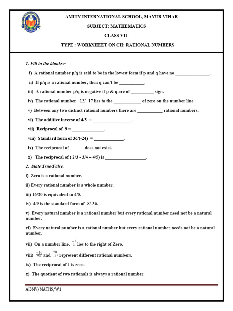 WORKSHEET 1 ON RATIONAL NUMBERS | PDF