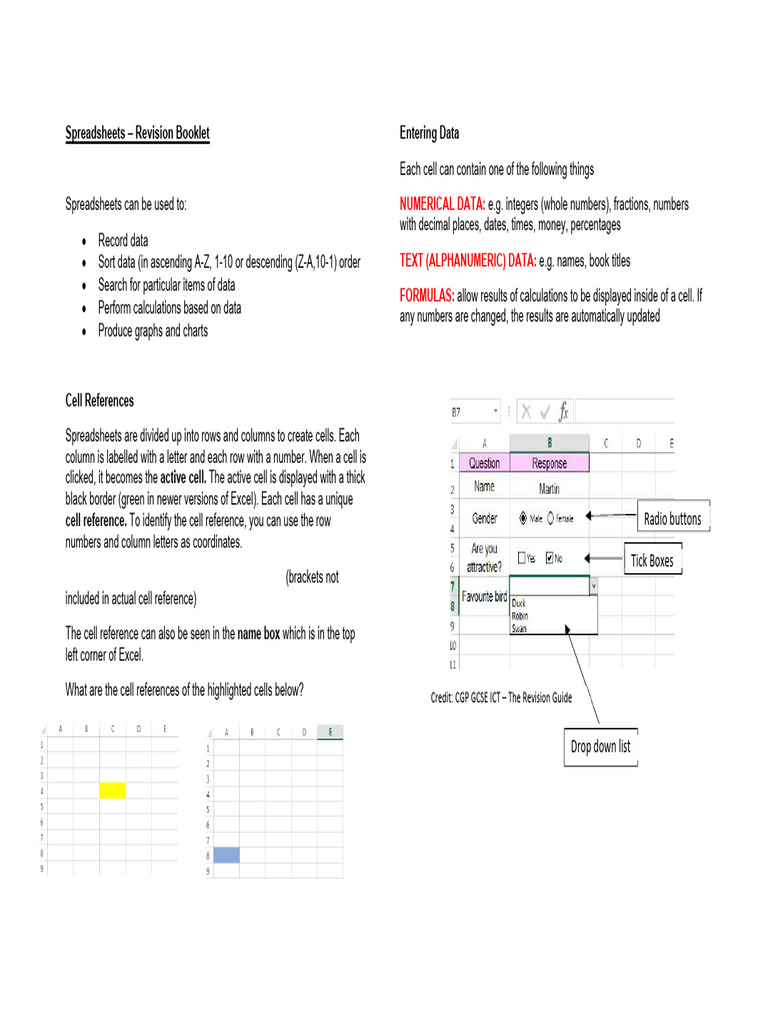 Spreadsheets Revision Booklet | PDF