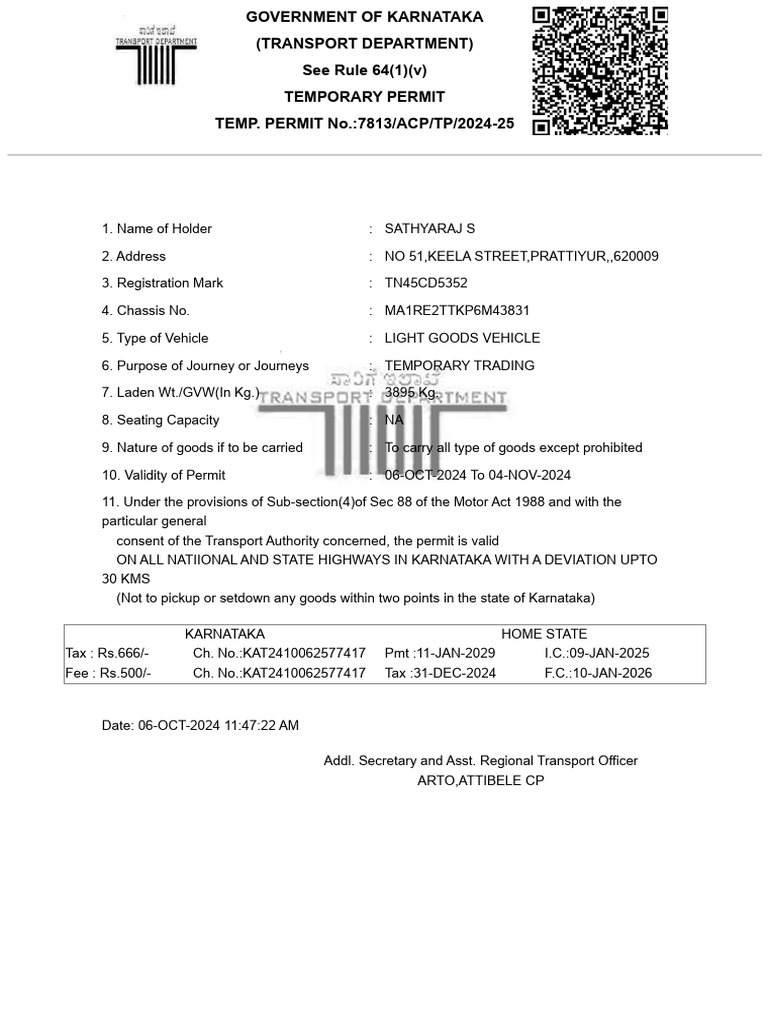 TN45CD5352 KA PERMIT | PDF