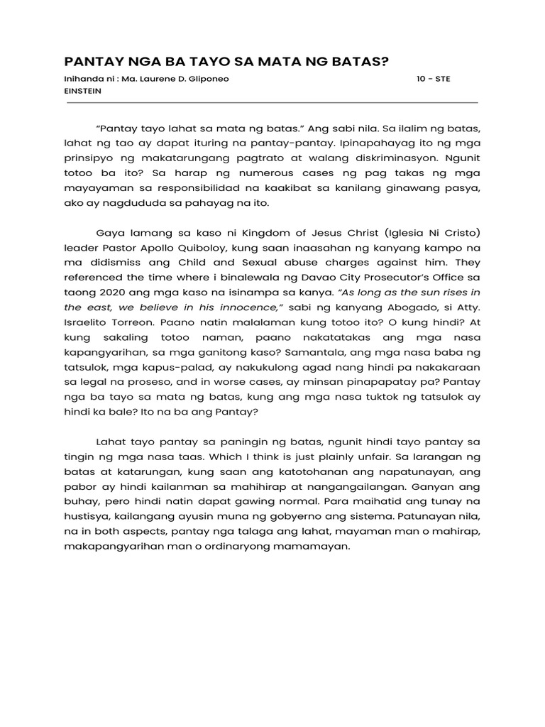 PANTAY NGA BA TAYO SA MATA NG BATAS - Filipino 10 | PDF