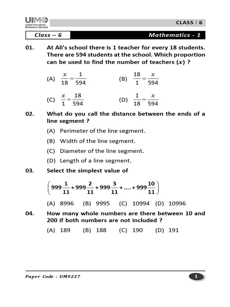 CLASS 6 UIMO-2022-Paper UM9257 | PDF
