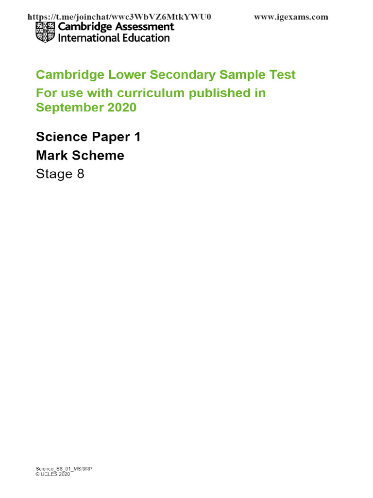 Science Stage 8 Sample Paper 1 Mark Scheme tcm143-595704 | PDF