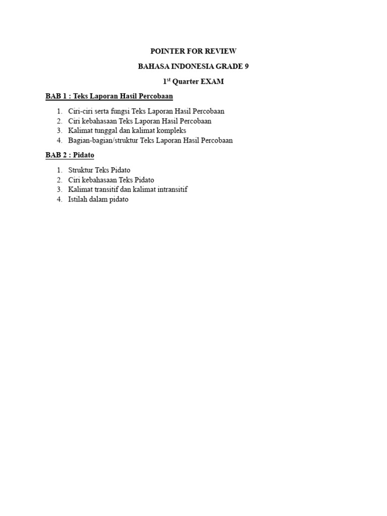 Pointer_Bahasa Indonesia_Grade 9_1st Quarter Exam | PDF