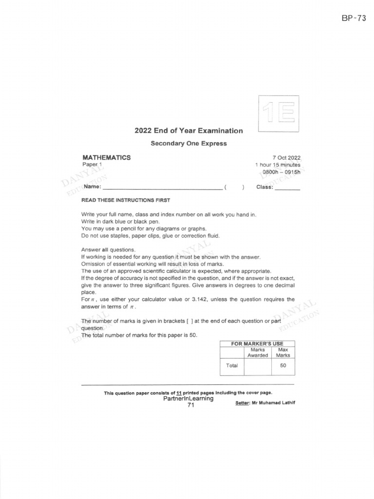 Canberra Secondary EOY 2022 Sec 1 Math Group 3 | PDF