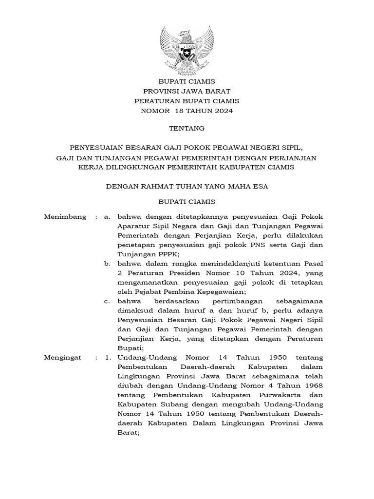 Peraturan Bupati Ciamis Nomor 18 Tahun 2024 Tentang Penyesuaian Besaran Gaji Pokok Pegawai ...