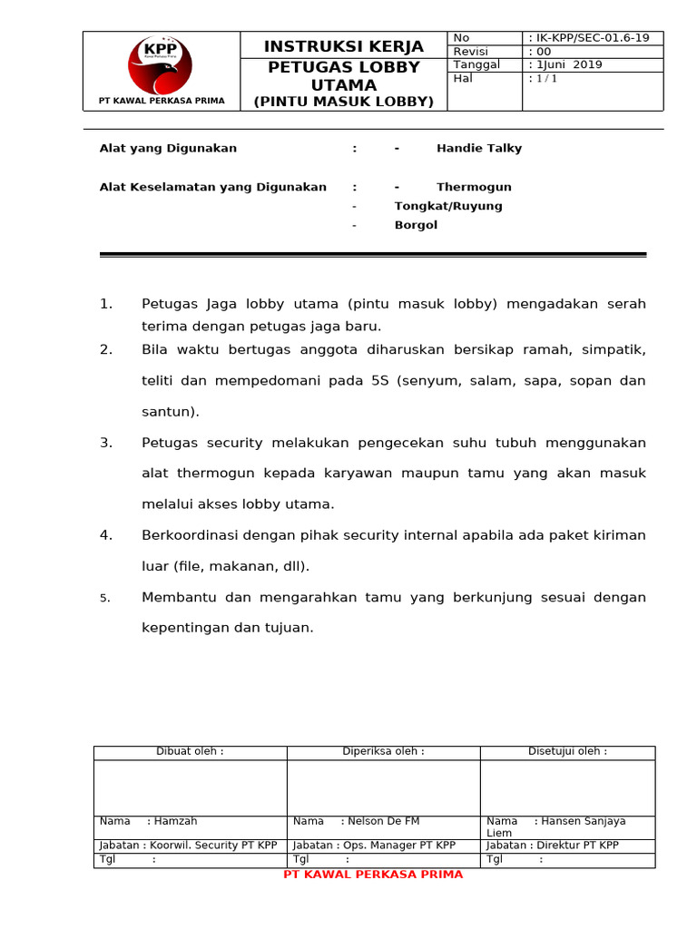 IK-KPP-SEC-01.6-19 PETUGAS LOBBY UTAMA Pintu Masuk | PDF