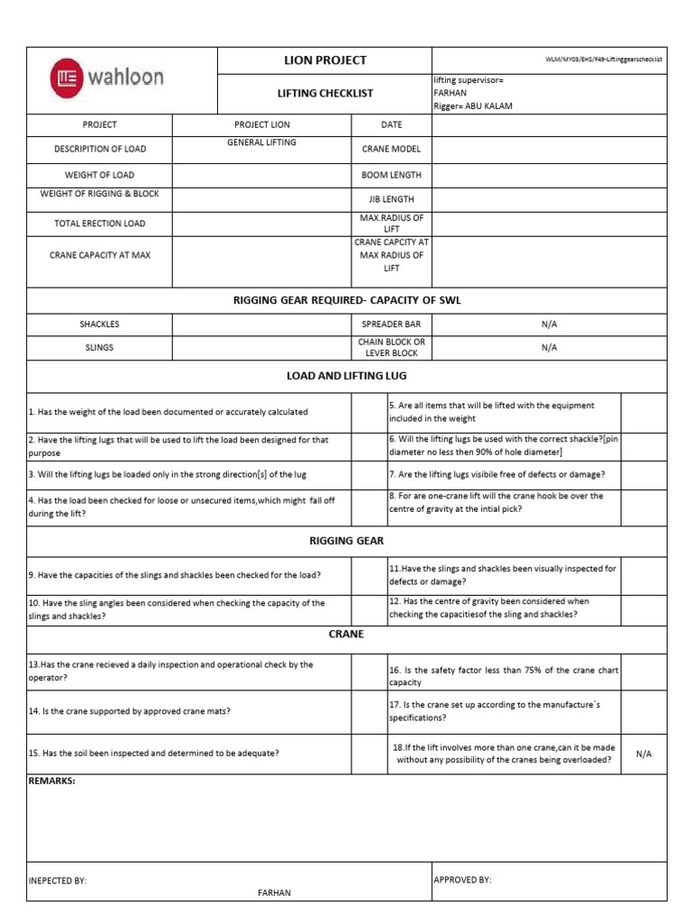Lifting Checklist - | PDF