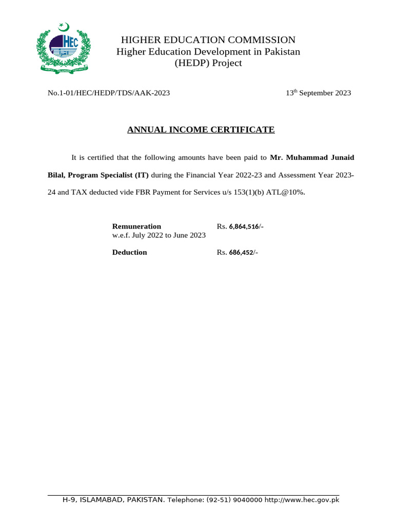 Annual Income Certificate 2022-23 | PDF