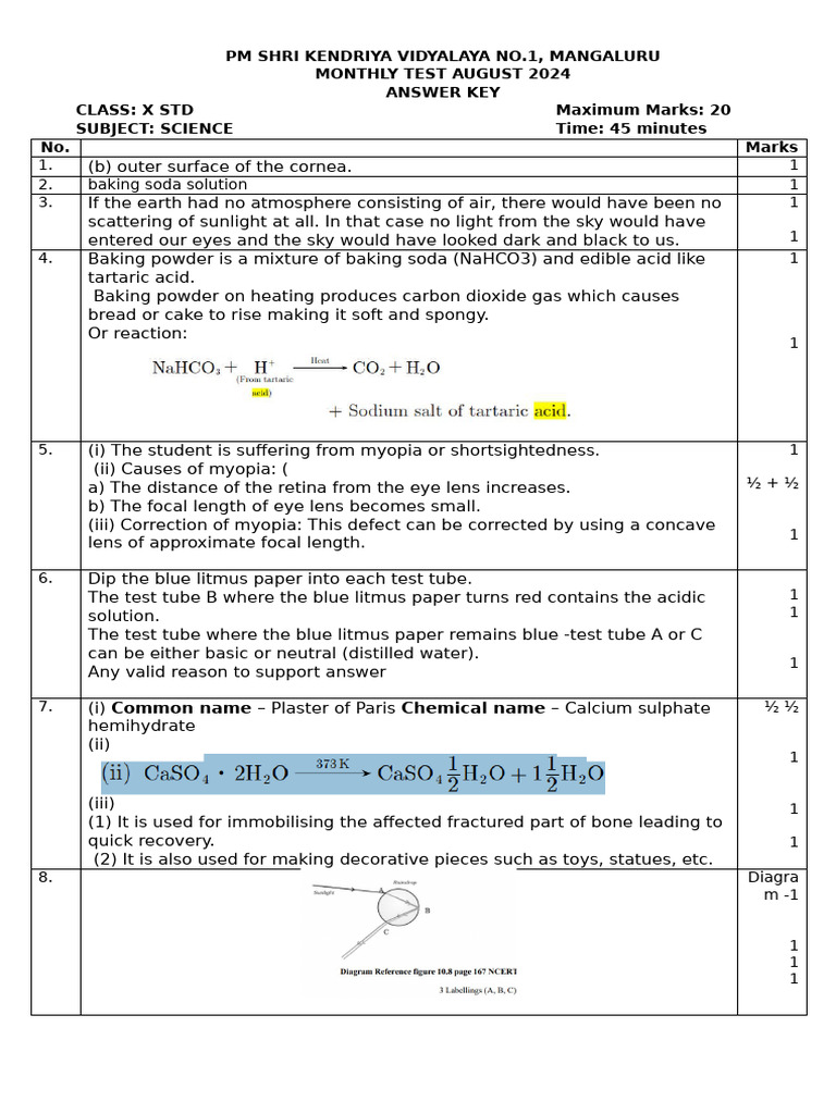 Aug Monthly Test 2024 X Sci-Ms | PDF | Myopia | Sodium Bicarbonate