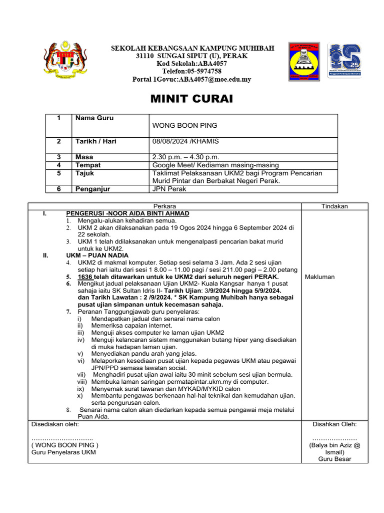 Minit Curai Pelaksanaan UKM2 2024 | PDF