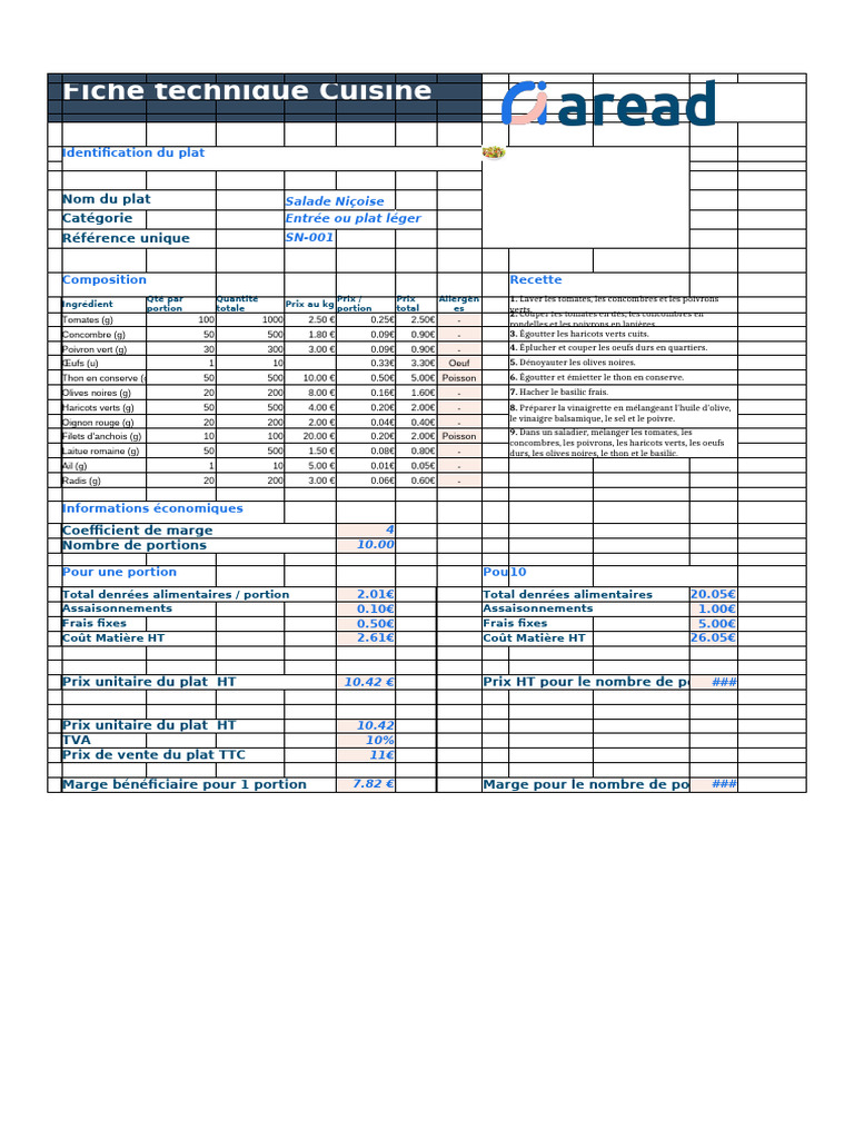Fiche Technique Cuisine - Areadconseil - FR - Comptable Restaurant | PDF