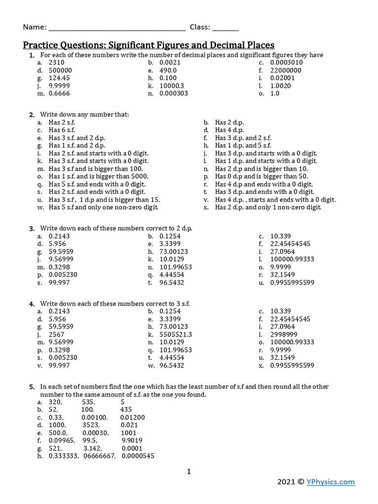 Rounding Significant Figures and Decimal Places Worksheet | PDF