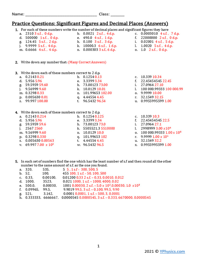 Rounding Significant Figures and Decimal Places Worksheet (Answers) | PDF