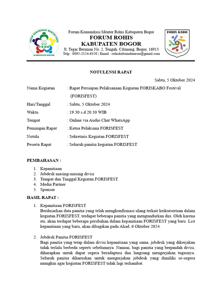 Notulensi Rapat FORISFEST 5-OKT-24 | PDF