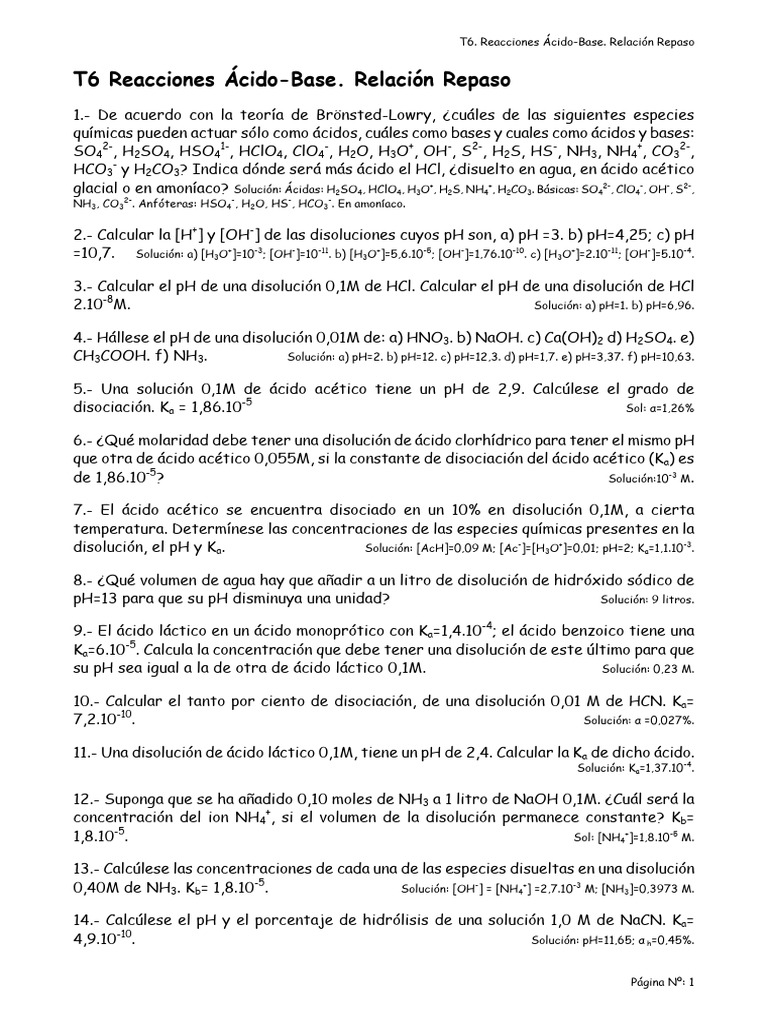 T6 Reacciones Ácido-Base - Problemas Repaso | PDF