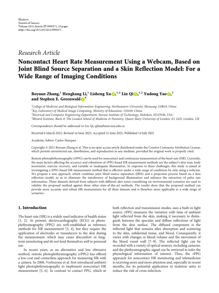 Noncontact Heart Rate Measurement Using A Webcam B | PDF | Science & Mathematics | Computers