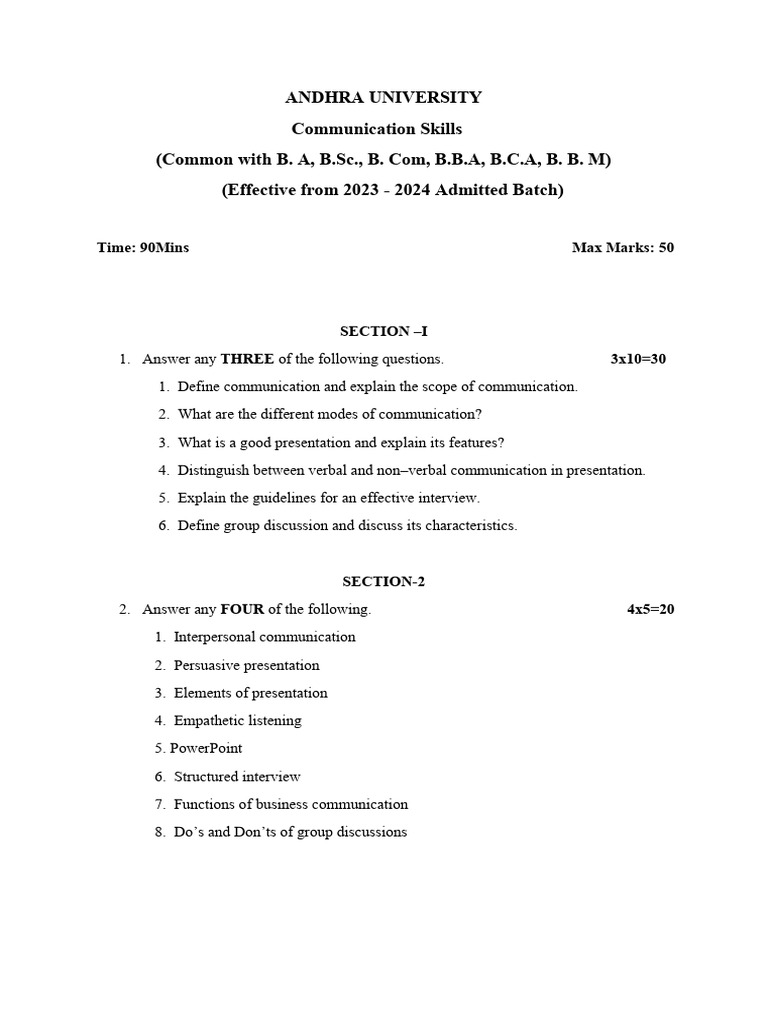 AU Communication Skills Model QP | PDF