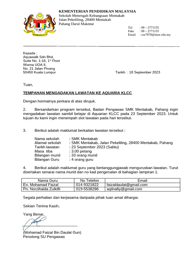 CONTOH SURAT TEMPAHAN MENGADAKAN LAWATAN SEKOLAH KE AQUARIA KLCC | PDF