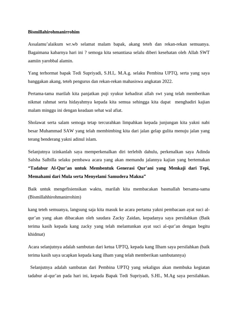 1 Teks MC Pembukaan Tadabur Al-Qur'an | PDF