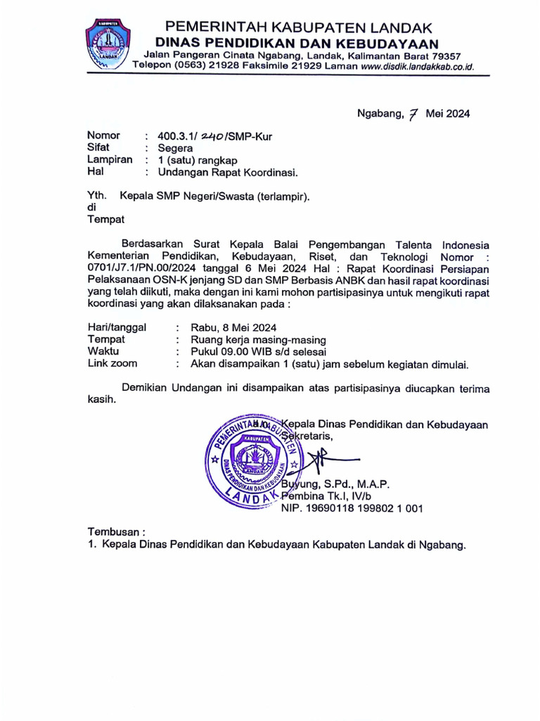 Undangan Rapat Koordinasi OSNK | PDF