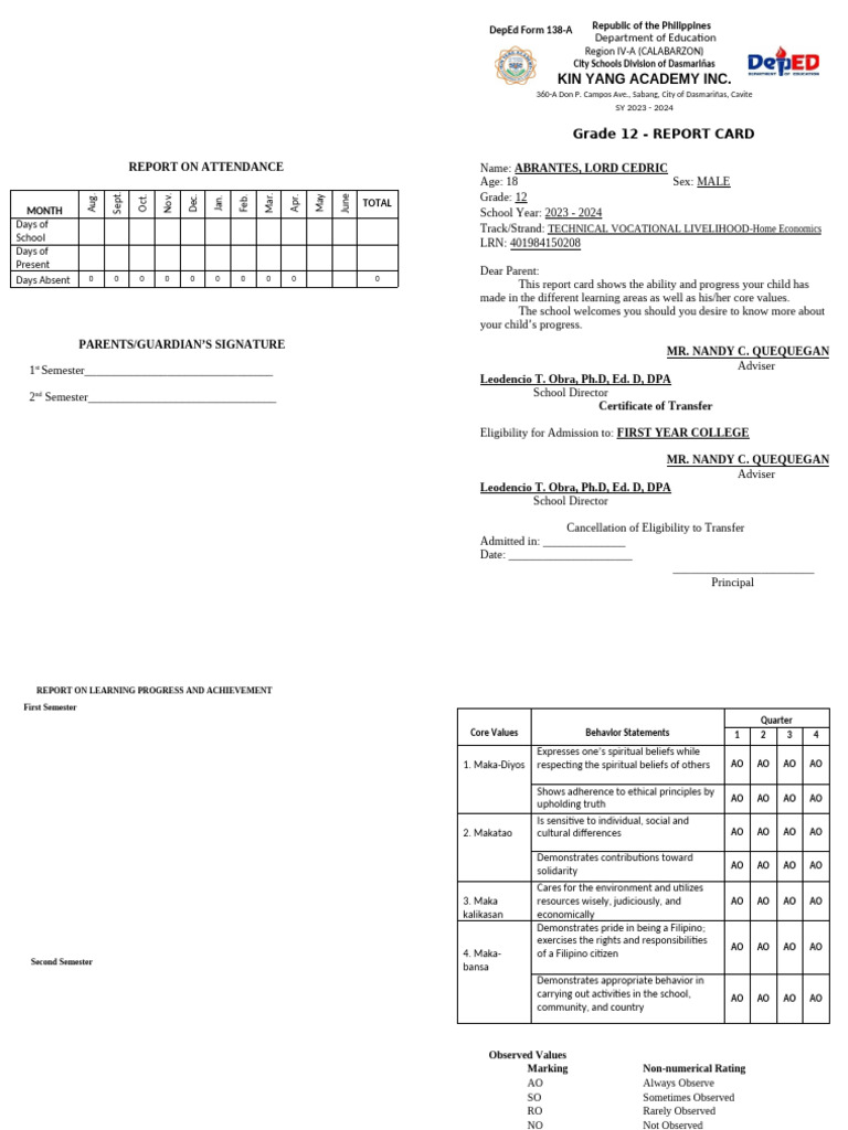 Grade-12 Tvl Report Cards 2023-2024 | PDF