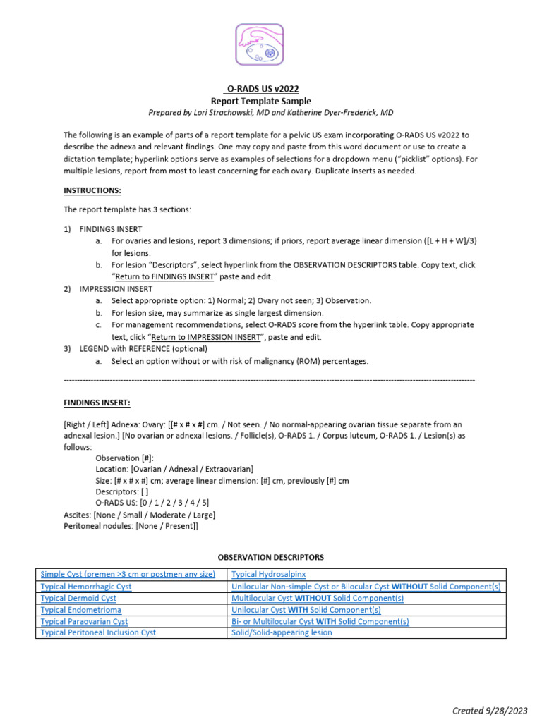 O-RADS US v2022 Report Template Sample FINAL | PDF