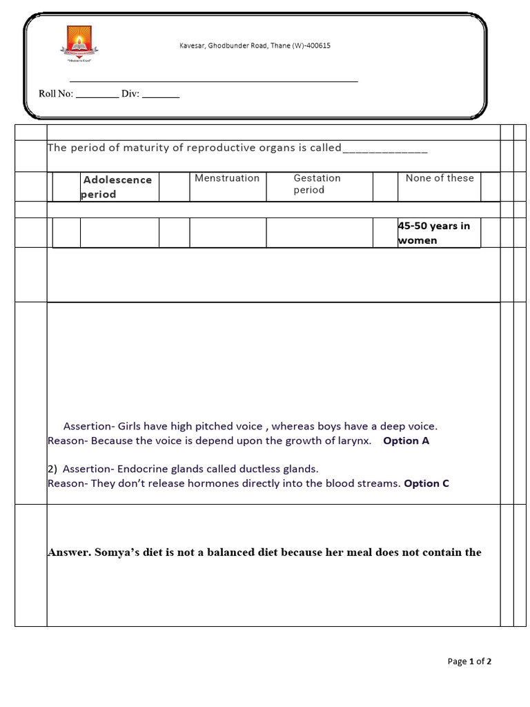 Grade 8 Age of Adolescence Ans Key | PDF