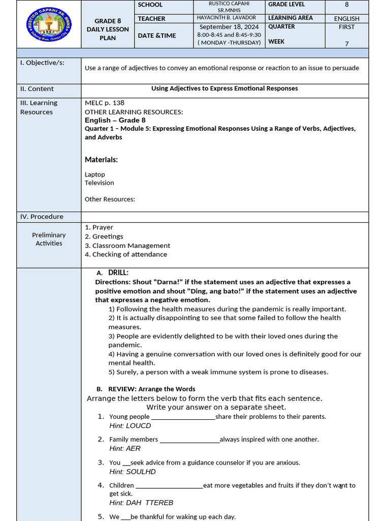 E8 Quarter 1 Lesson 6 (Adjectives) | PDF | Linguistic Typology | Languages
