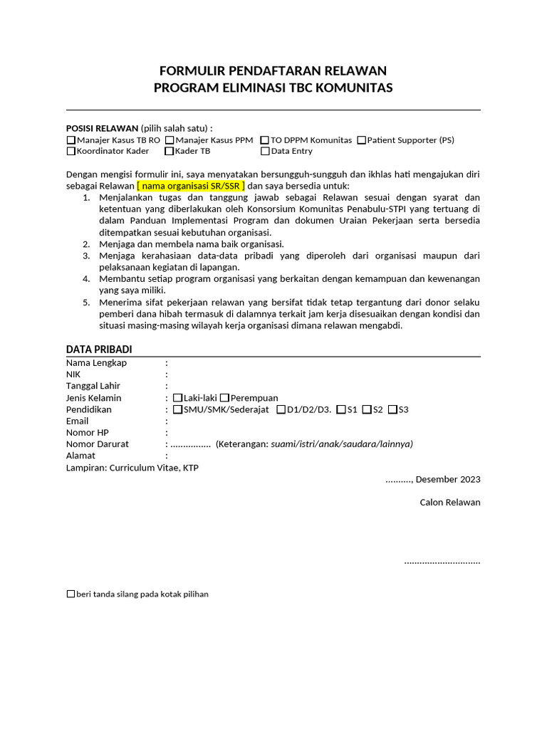 Formulir Pendaftaran Relawan Kader | PDF