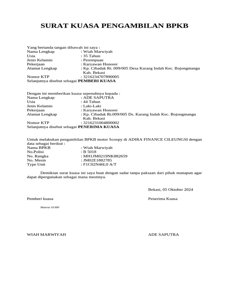 SURAT KUASA PENGAMBILAN BPKB | PDF