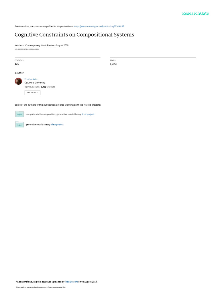 Cognitive Constraints On Compositional Systems: Contemporary Music Review August 2009 | PDF