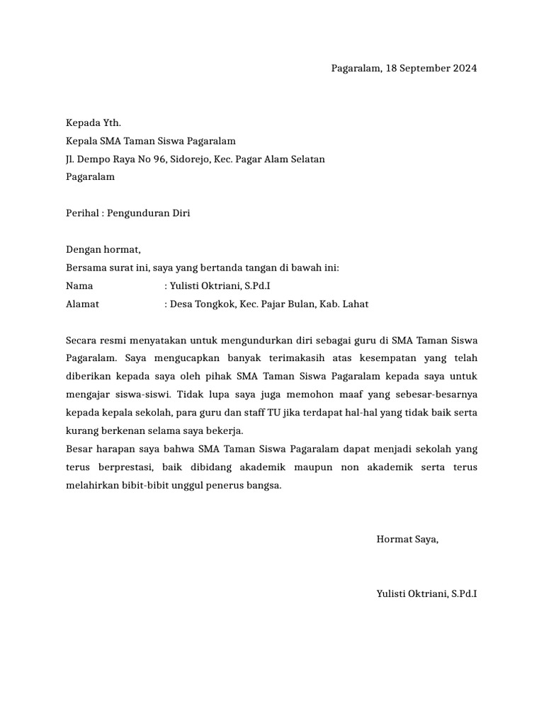 Contoh Surat Resign Yulis | PDF