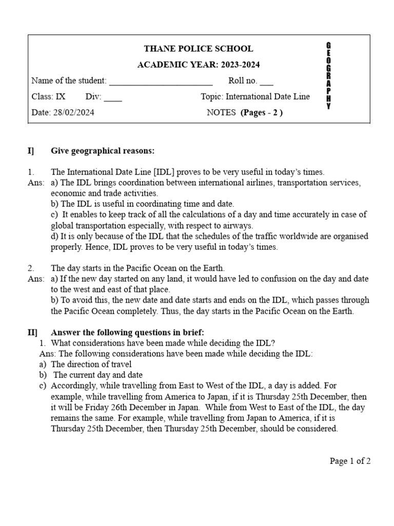 Class 9 Geog - International Date Line - Notes-.Docx-1 | PDF