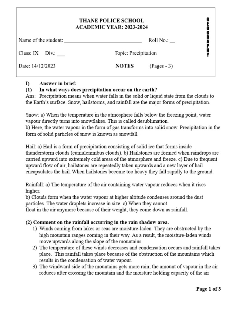 Class 9-Geography - Precipitation (Notes) | PDF