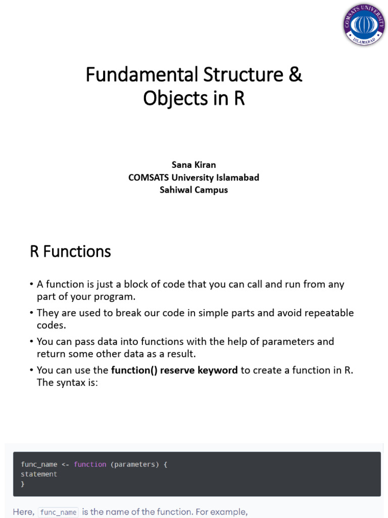 Fundamental Structure & Objects in R: Sana Kiran COMSATS University Islamabad Sahiwal Campus | PDF