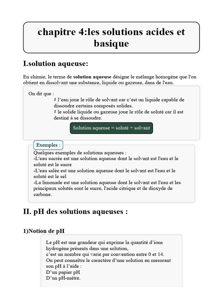 Chapitre 4:les Solutions Acides Et Basique: I.solution Aqueuse | PDF