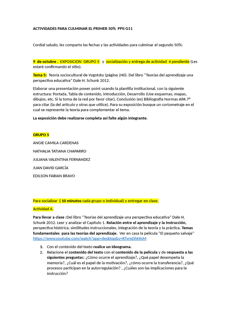 Actividades para Culminar El Primer 50 | PDF | Aprendizaje | Teoría de ...