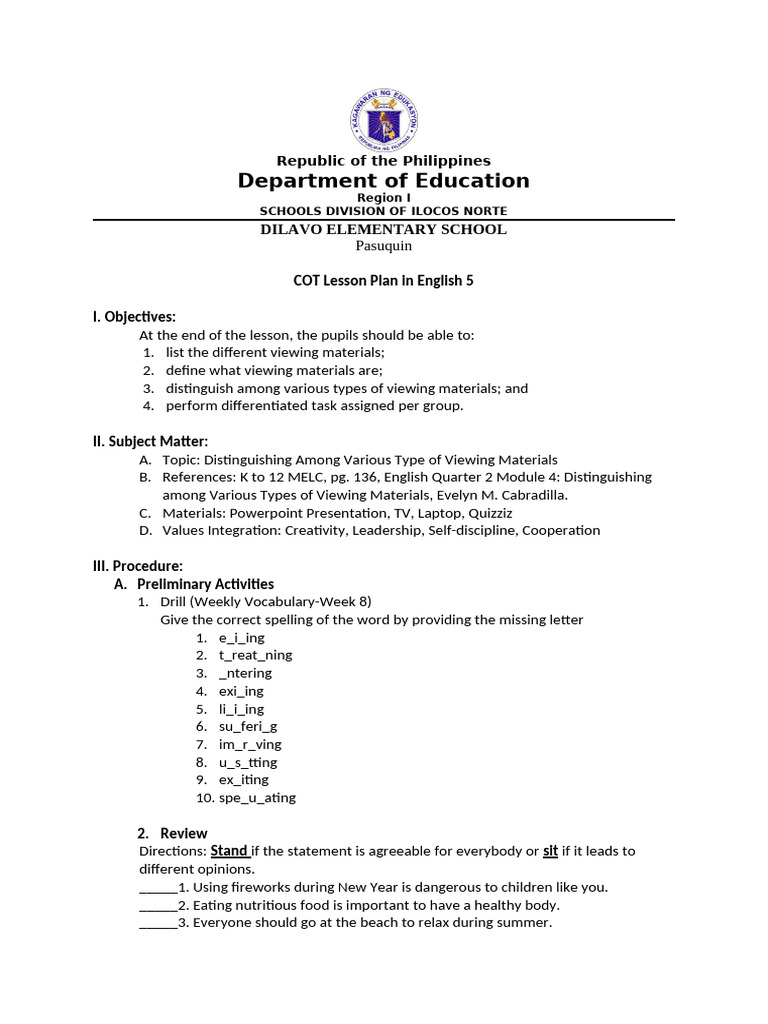 COT 2 Lesson Plan in English 5 | PDF