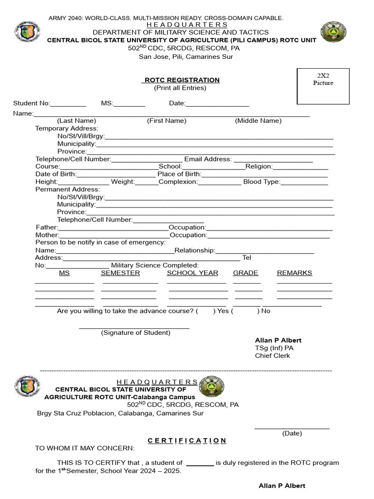 A. ROTC Registration Form CBSUA ROTCU CC | PDF