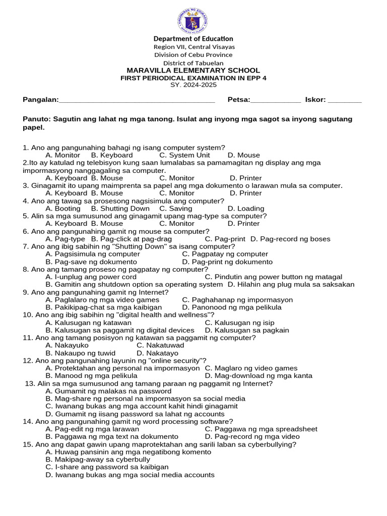 First Quarter Exam-Epp 4 | PDF