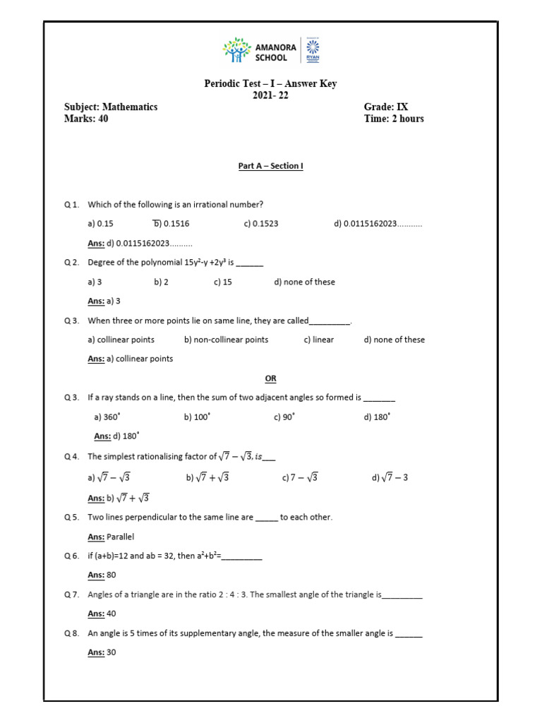 Grade 9 Math PT1 Answer Key | PDF