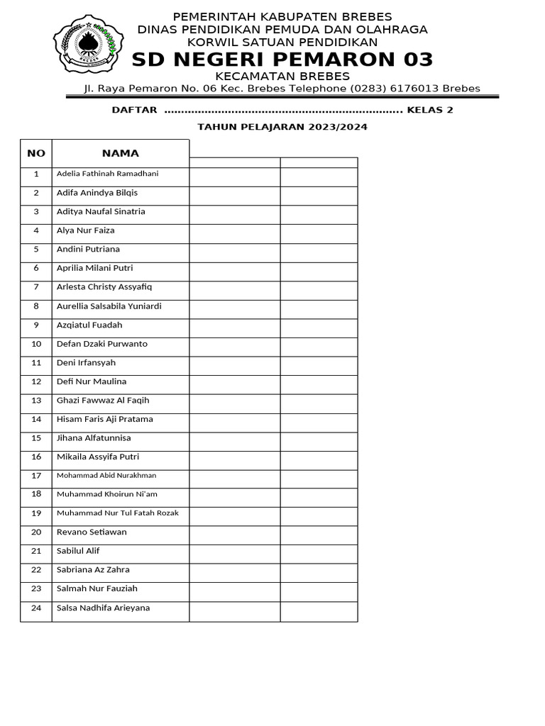 DAFTAR KELAS 2 23-24 | PDF