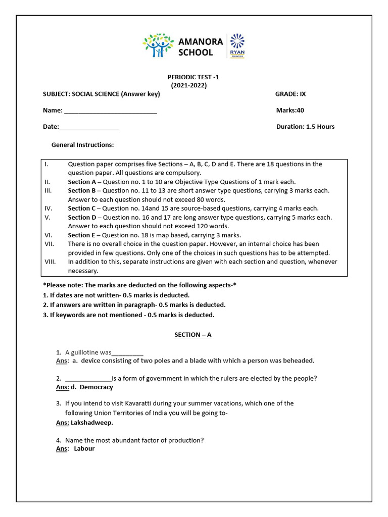 Grade 9 SST - PT 1 Answer Key | PDF